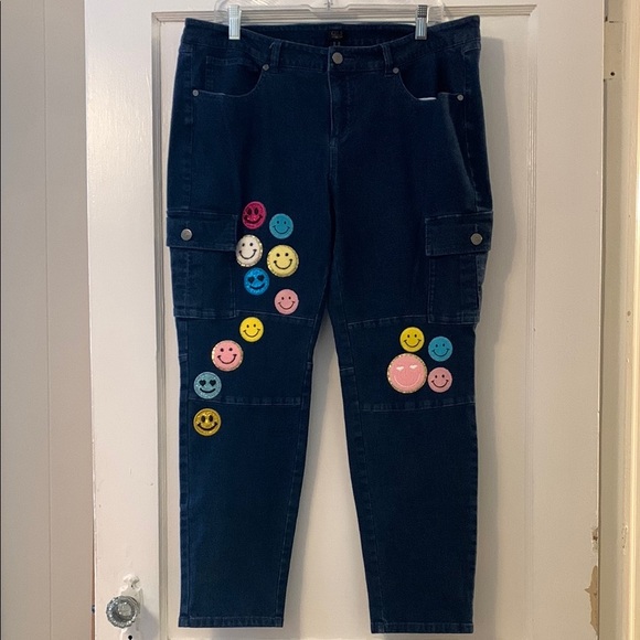 G.I.L.I. | Jeans | Gili Dark Blue With Smiley Patches Hand Sewn One Of ...
